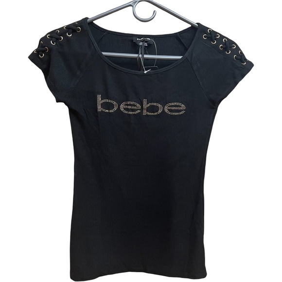 bebe | Tops | Nwt Bebe Womens Black Tshirt Gold Rhinestone Logo Size ...